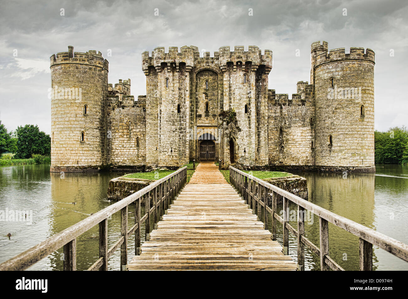 A medieval moated 14th century stone built castle, a fortified building ...