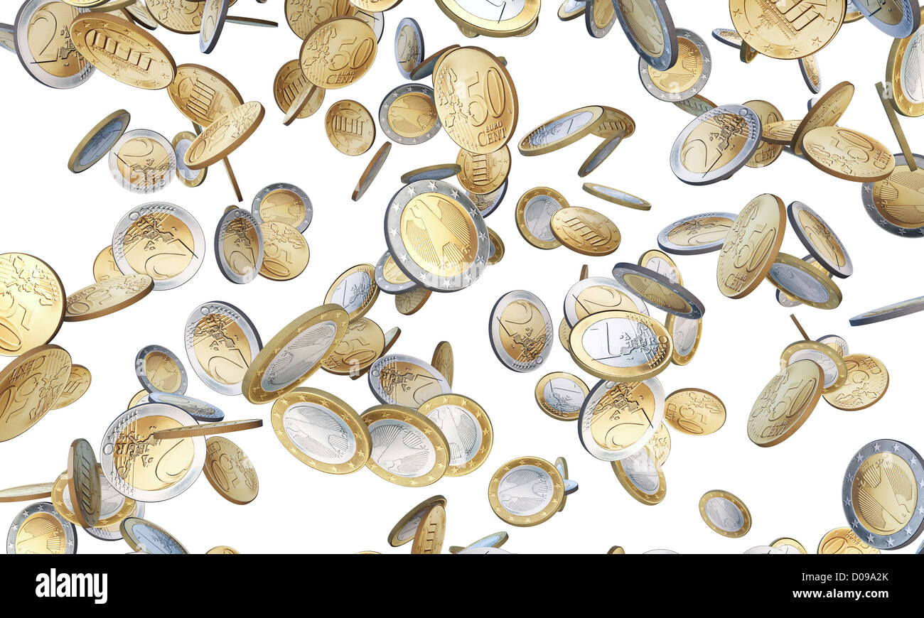 Euro coins falling isolated on white background Stock Photo - Alamy