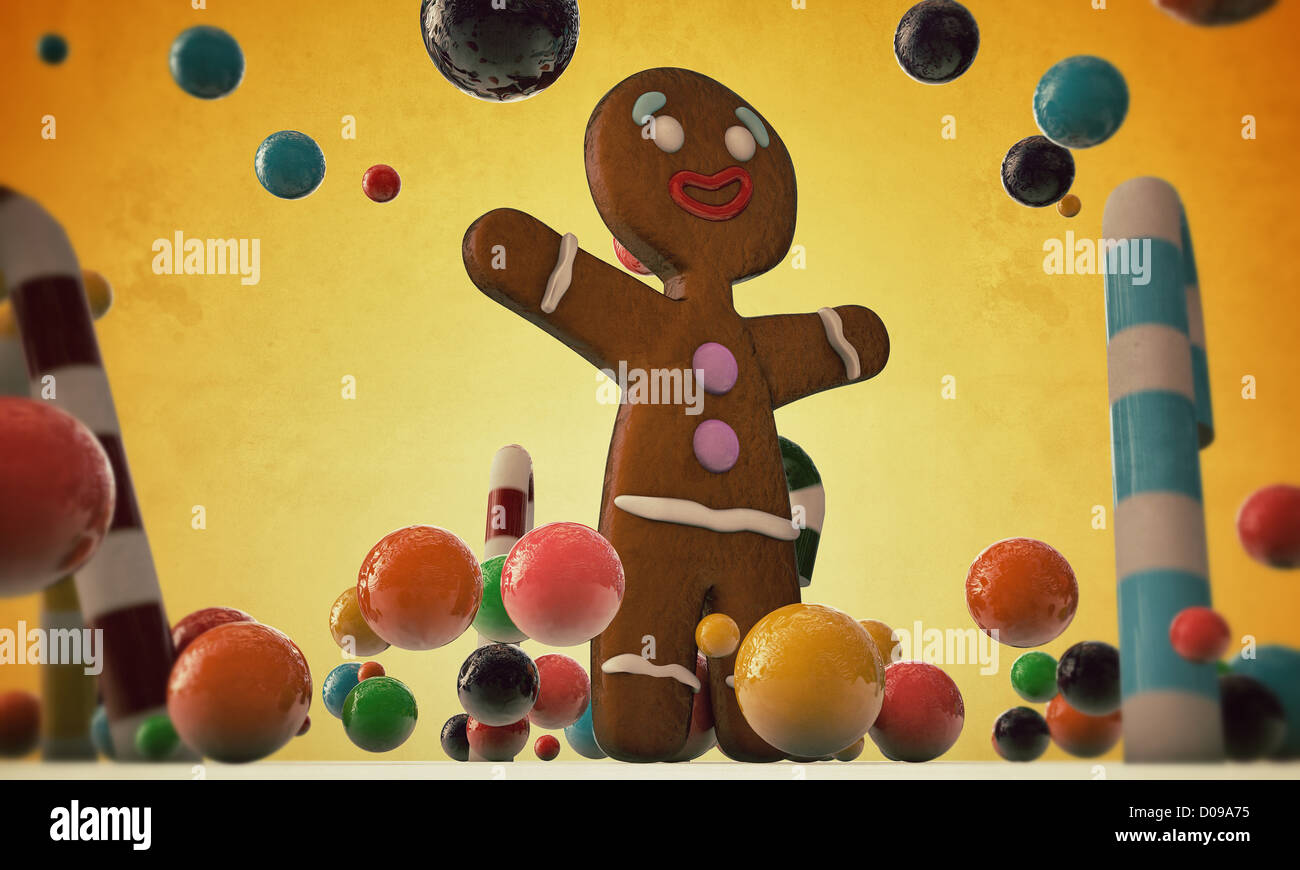 gingerbread man happy in a sweet candies world Stock Photo - Alamy