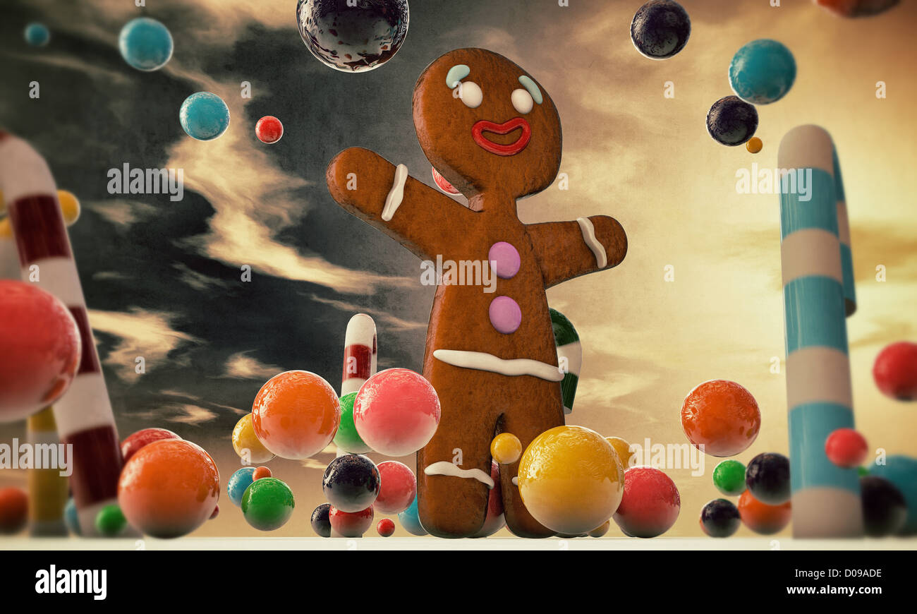 gingerbread man happy in a sweet candies world Stock Photo - Alamy