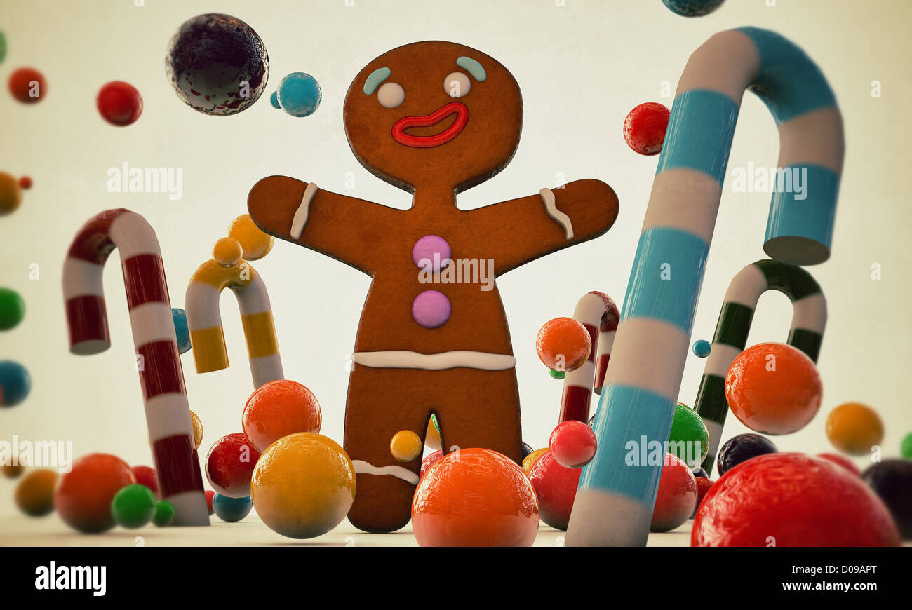 gingerbread man happy in a sweet candies world Stock Photo - Alamy