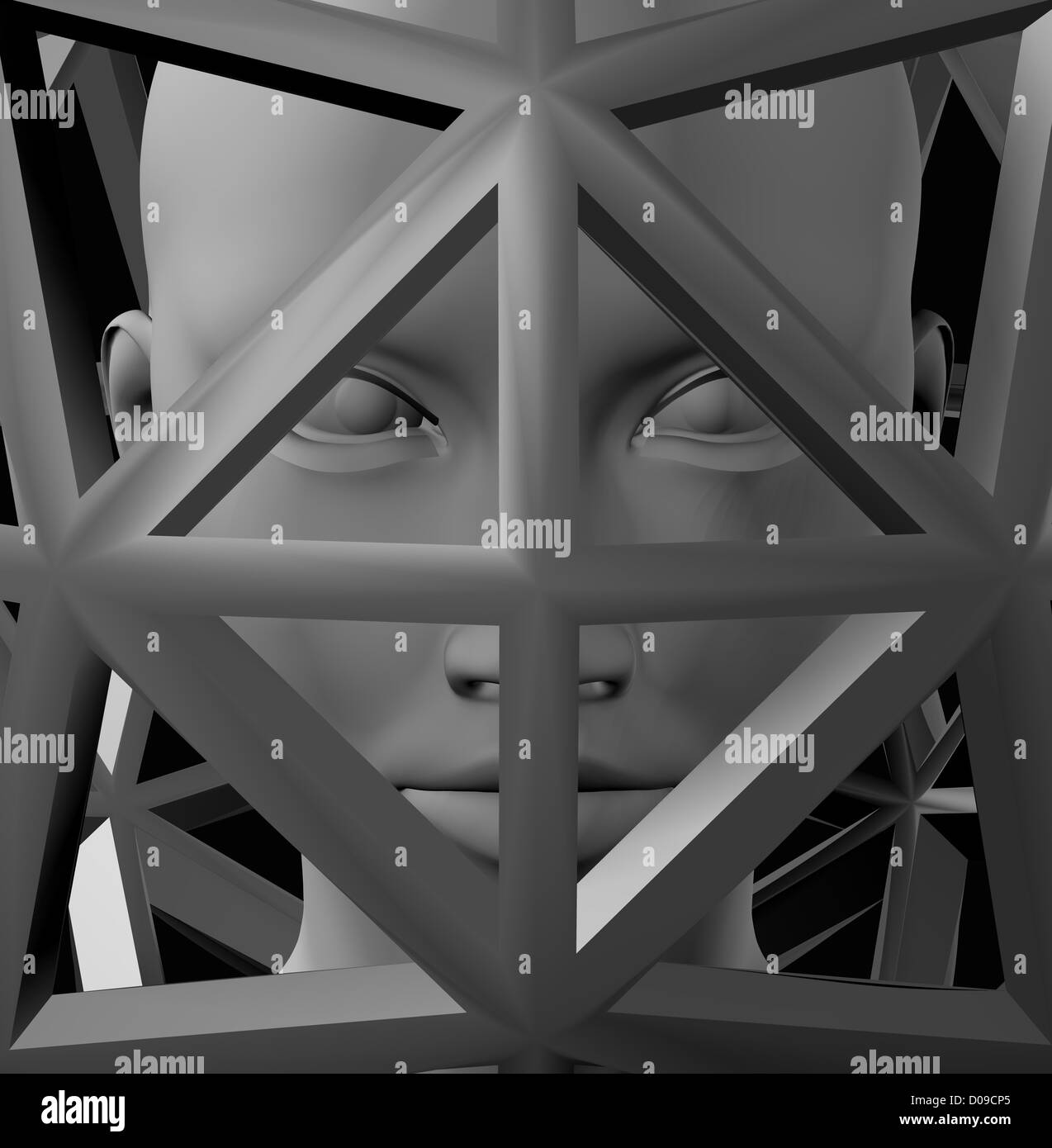 Alien female figure and abstract shapes futuristic 3d illustration ...