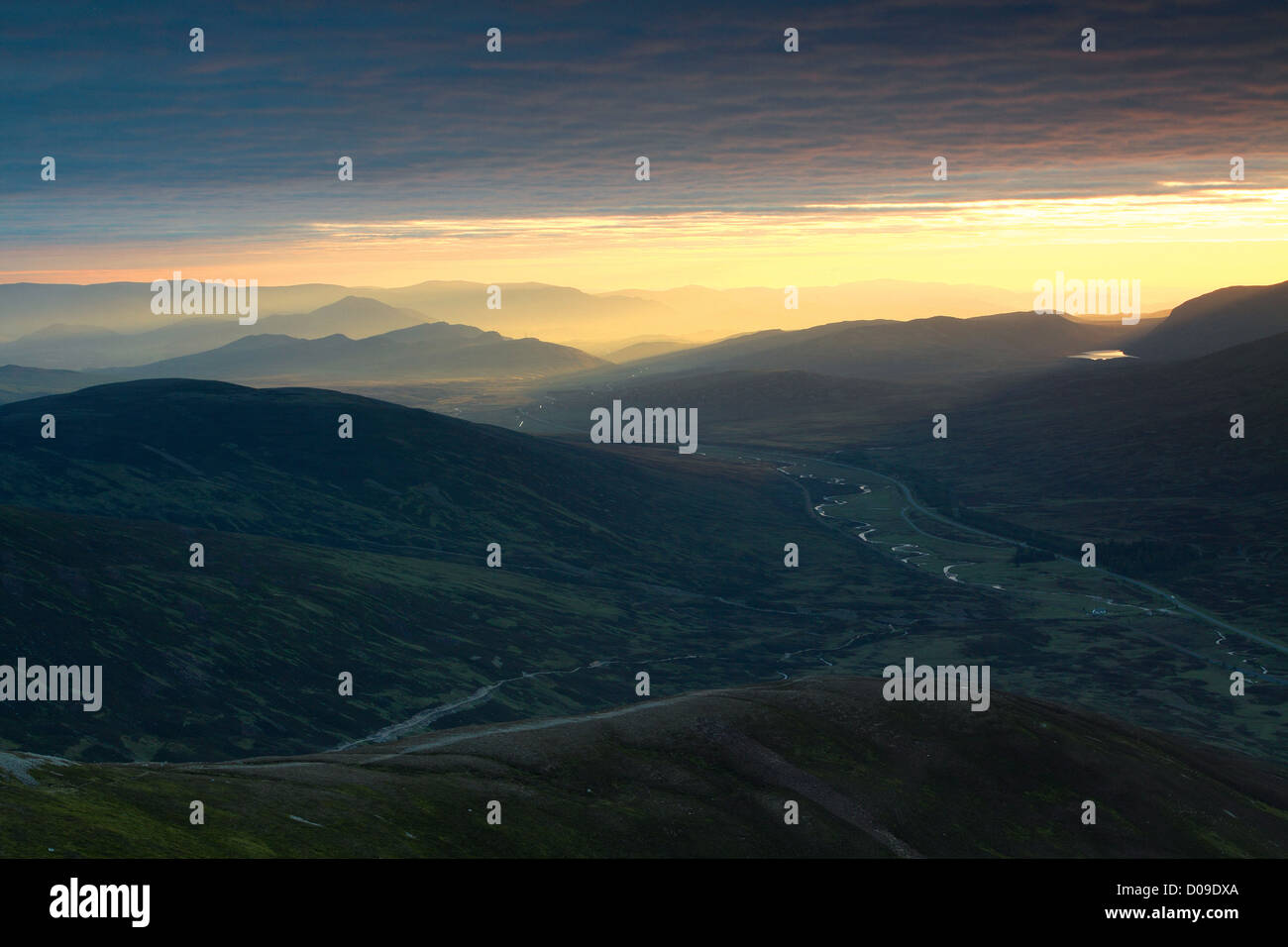 The Cairngorms at dawn from A'Mharconaich, Monadhliath, Drumochter Pass ...