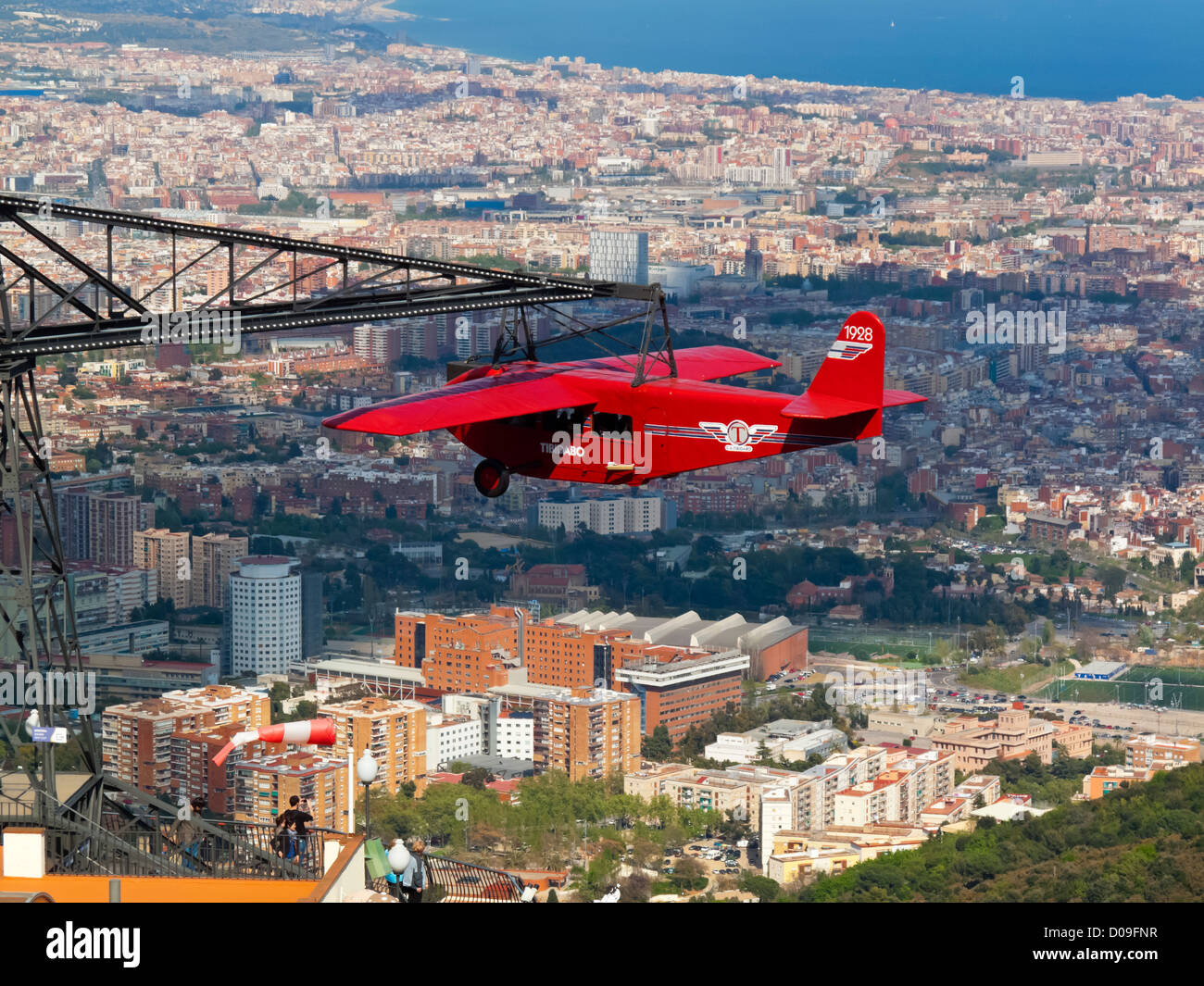 Red aeroplane ride built in 1928 at Tibidabo amusement park on a ...