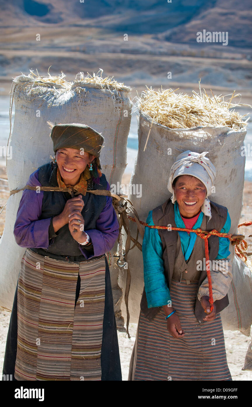 Women carry away chaf from threshing floor during Fall harvest, Tibet ...