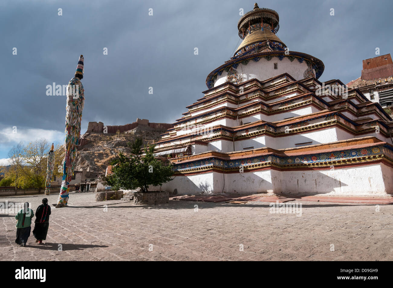 Pilgrims circle Pelkhor Chode Monastery temple, which sits below ...