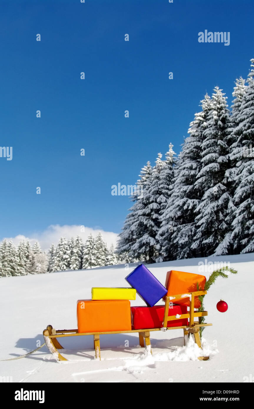 colorful presents on a Santa Claus sledge in a winter landscape Stock ...