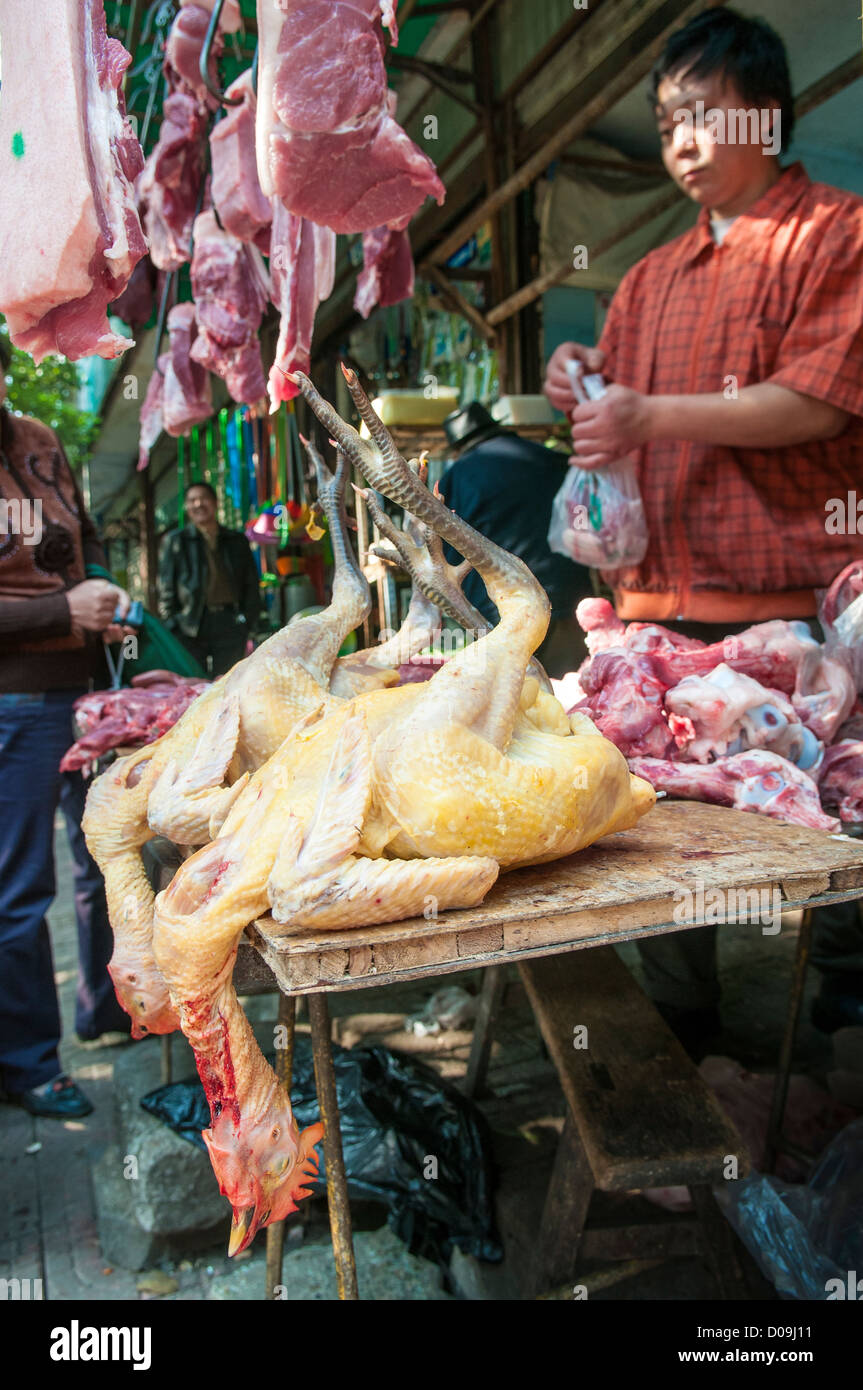 Freshly butchered chickens await shoppers at sidewalk shop, Chengdu ...
