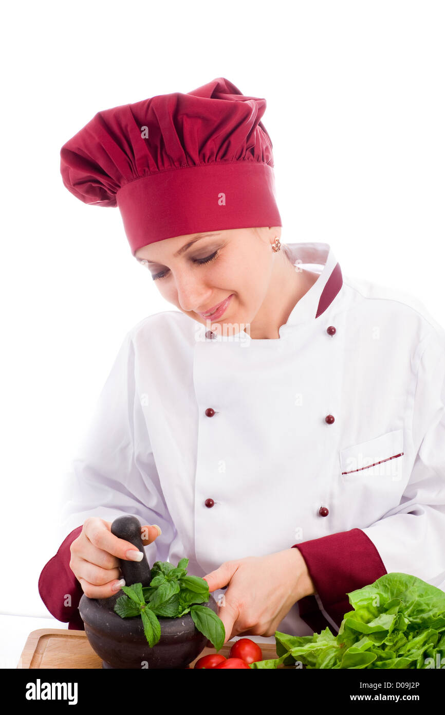 photo of succesfull female restaurant chef on white background Stock ...