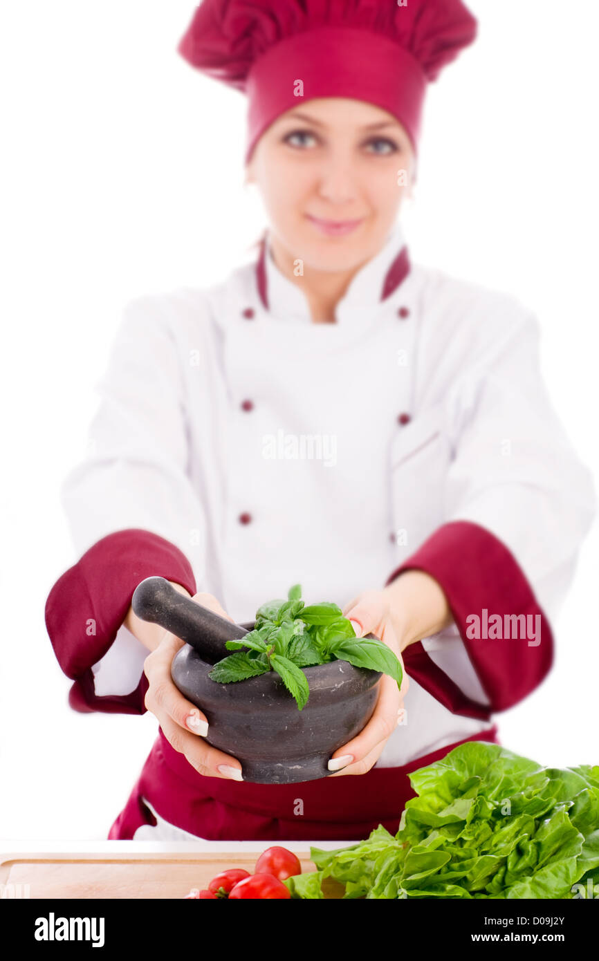 photo of succesfull female restaurant chef on white background Stock ...