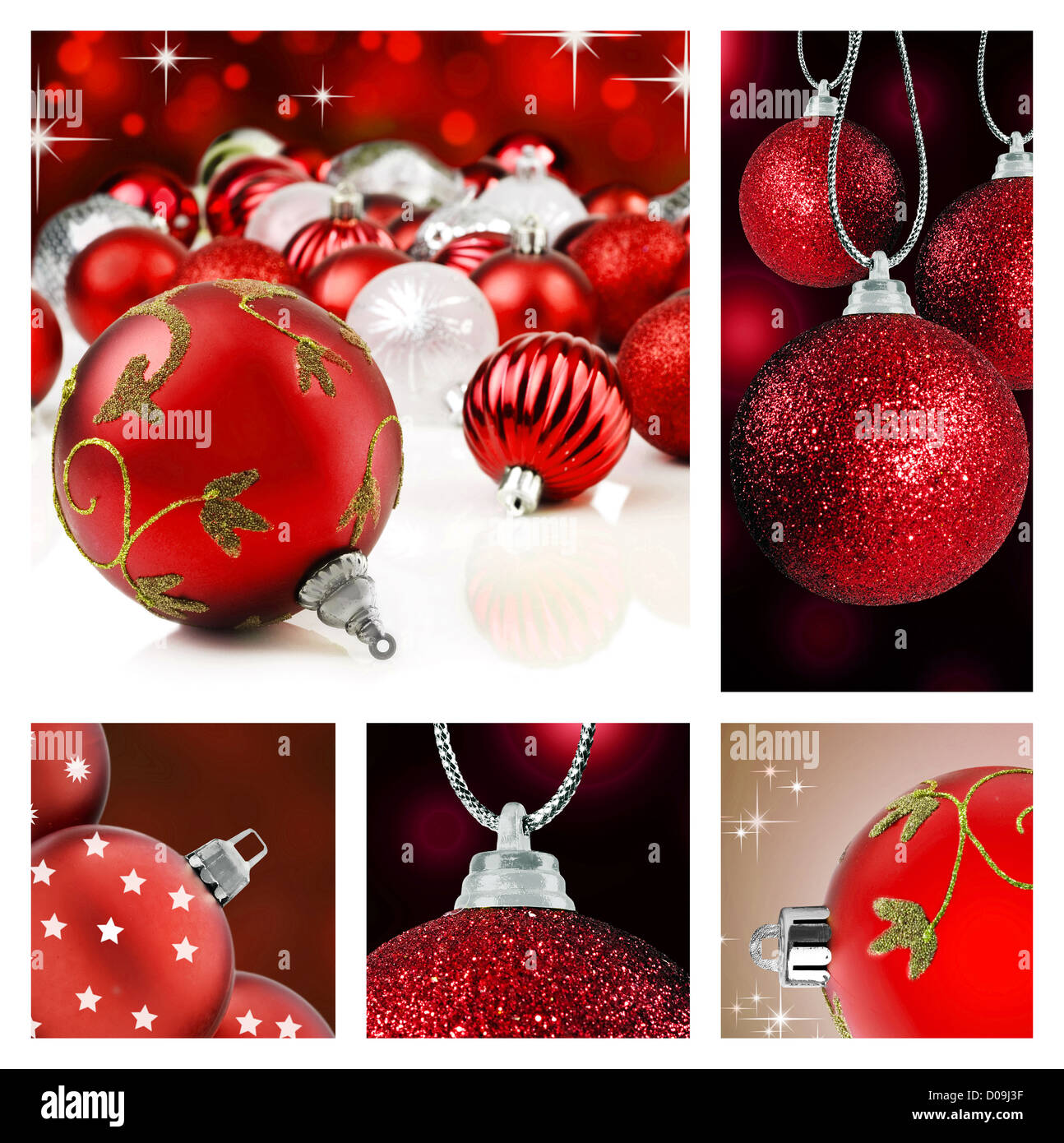 Collage of red christmas decorations on different backgrounds Stock ...