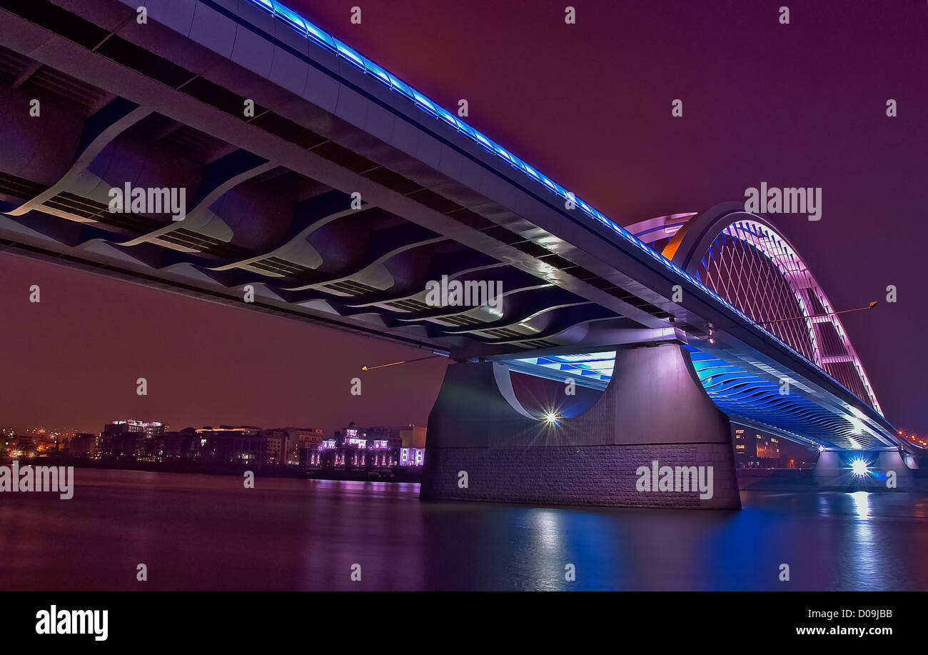 Bratislava Apollo Bridge night view with water reflection Stock Photo ...