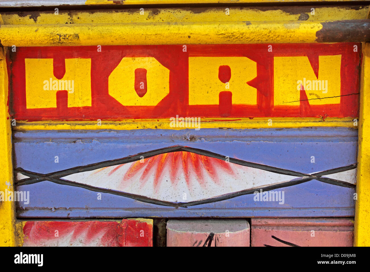 Truck painted message of horn please at backside Stock Photo - Alamy