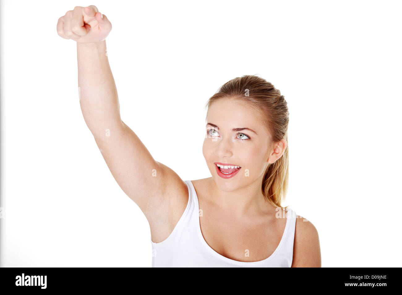 Young caucasian girl pushing abstract button Isoalted on white Stock ...