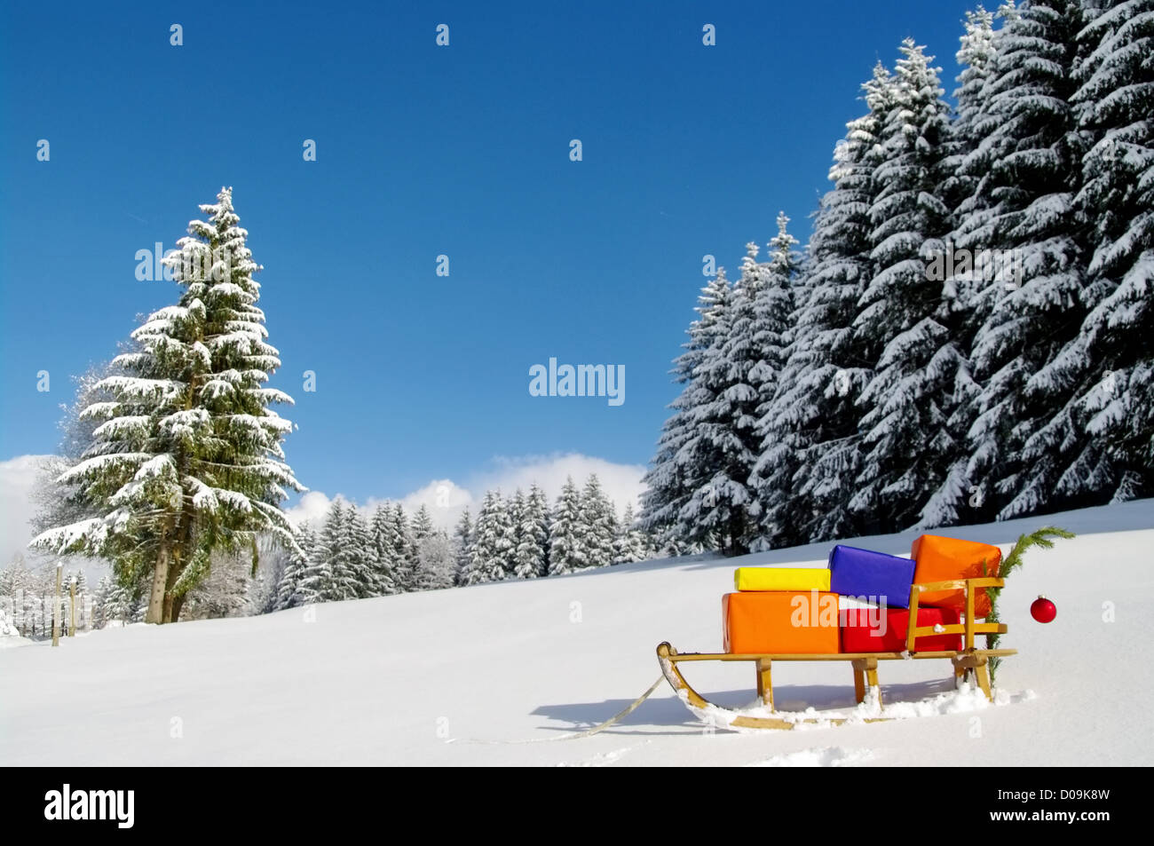 colorful presents on a Santa Claus sledge in a winter landscape Stock ...