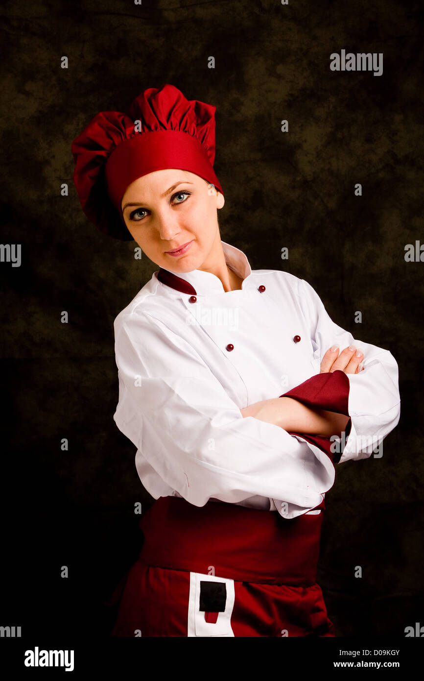 portrait photo of young female chef in front of rural background Stock ...