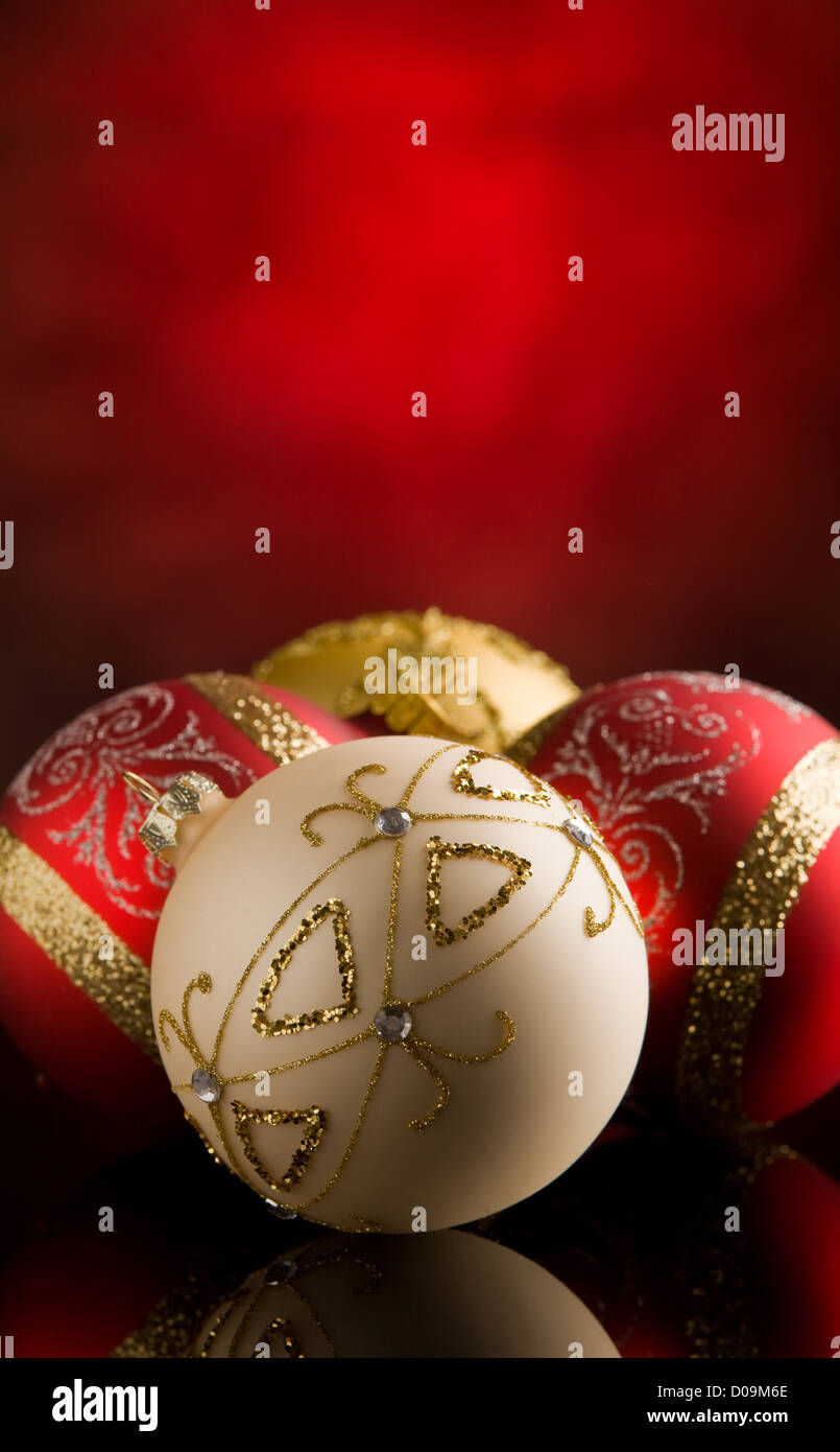 photo of shiny round christmas balls in front of rural background Stock ...