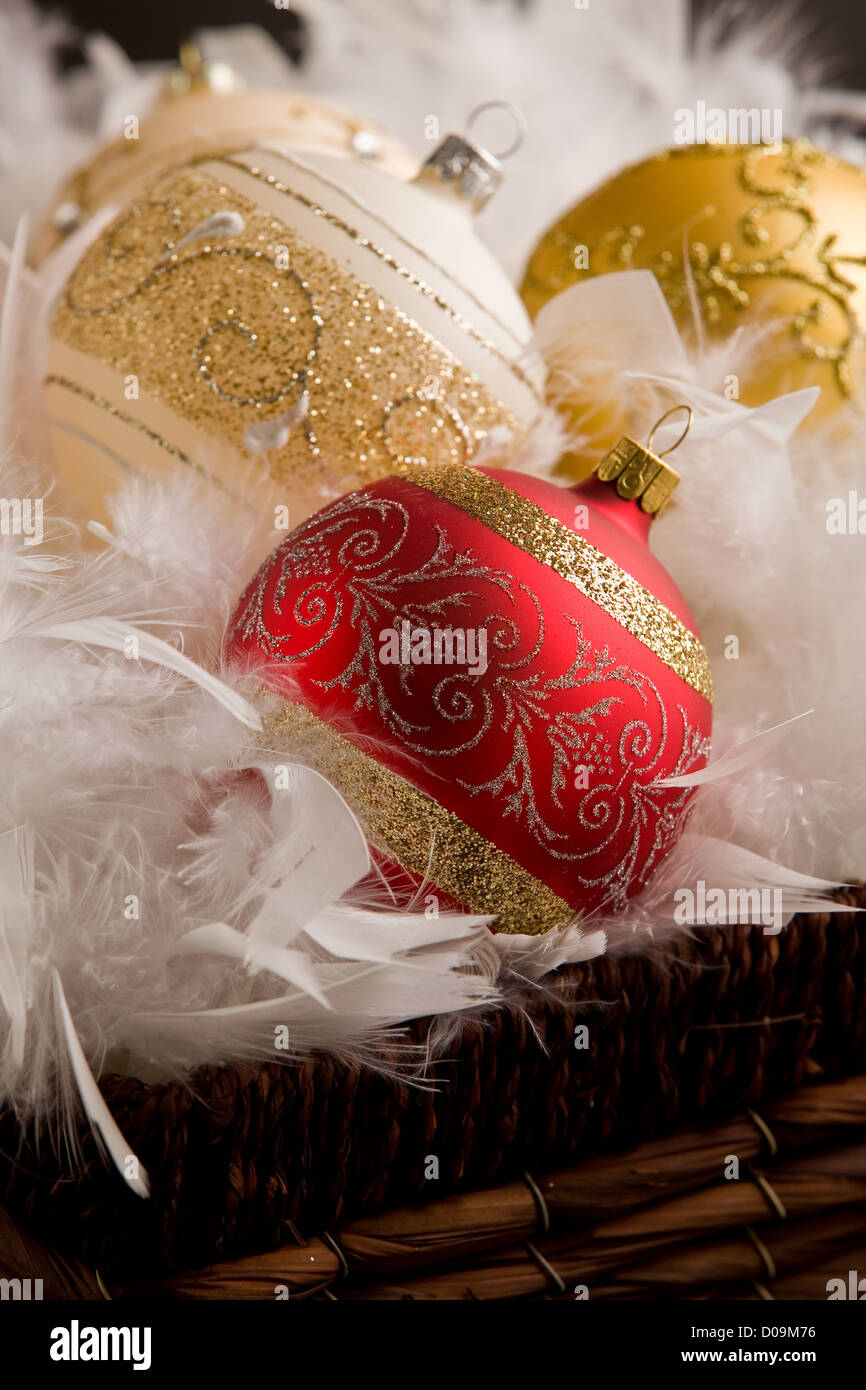 photo of christmas balls inside a feather basket in front of a rural ...