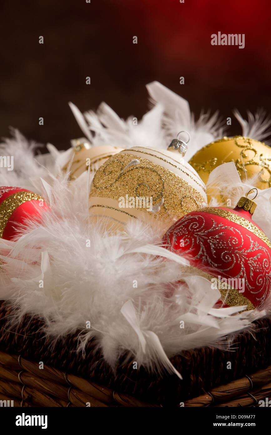 photo of christmas balls inside a feather basket in front of a rural ...