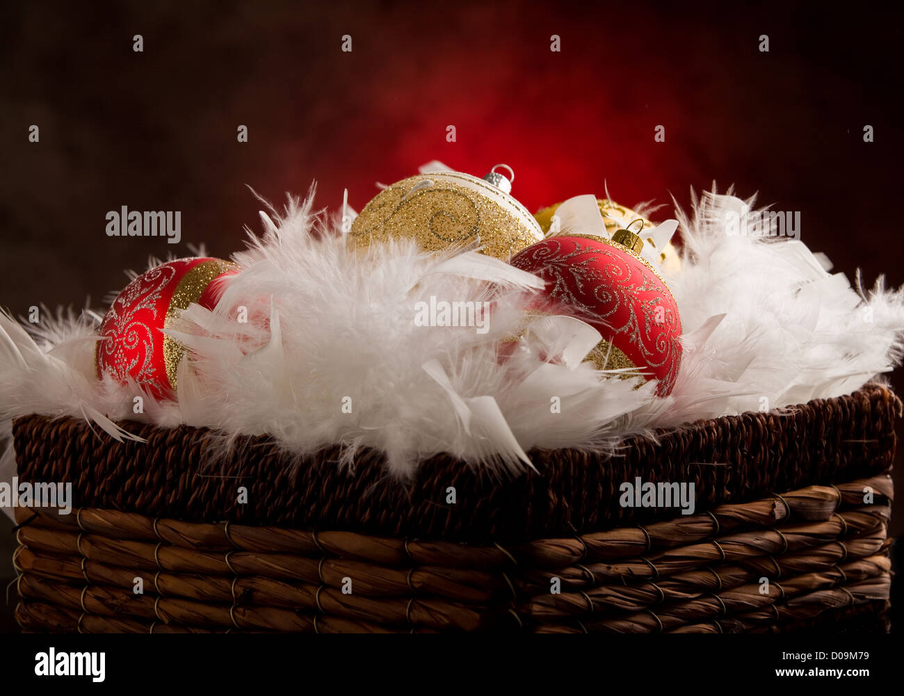 photo of christmas balls inside a feather basket in front of a rural ...