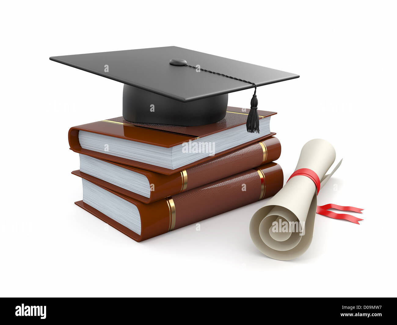 Graduation. Mortarboard, diploma and books on white background. 3d ...