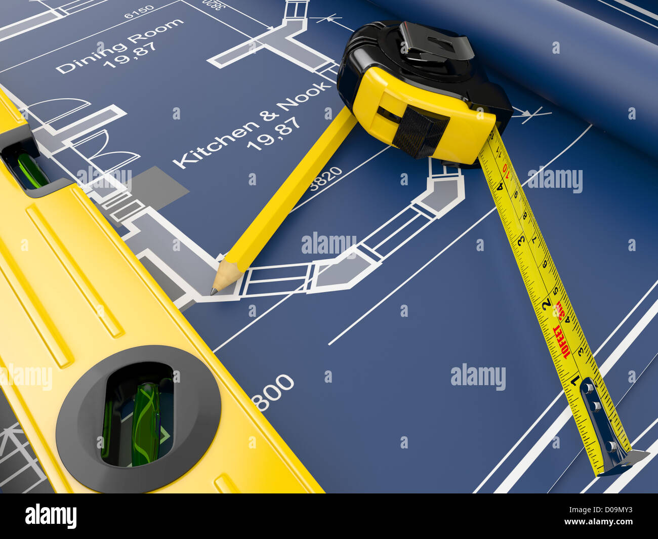 Construction Concept. Blueprint, level and rulers. 3d Stock Photo - Alamy