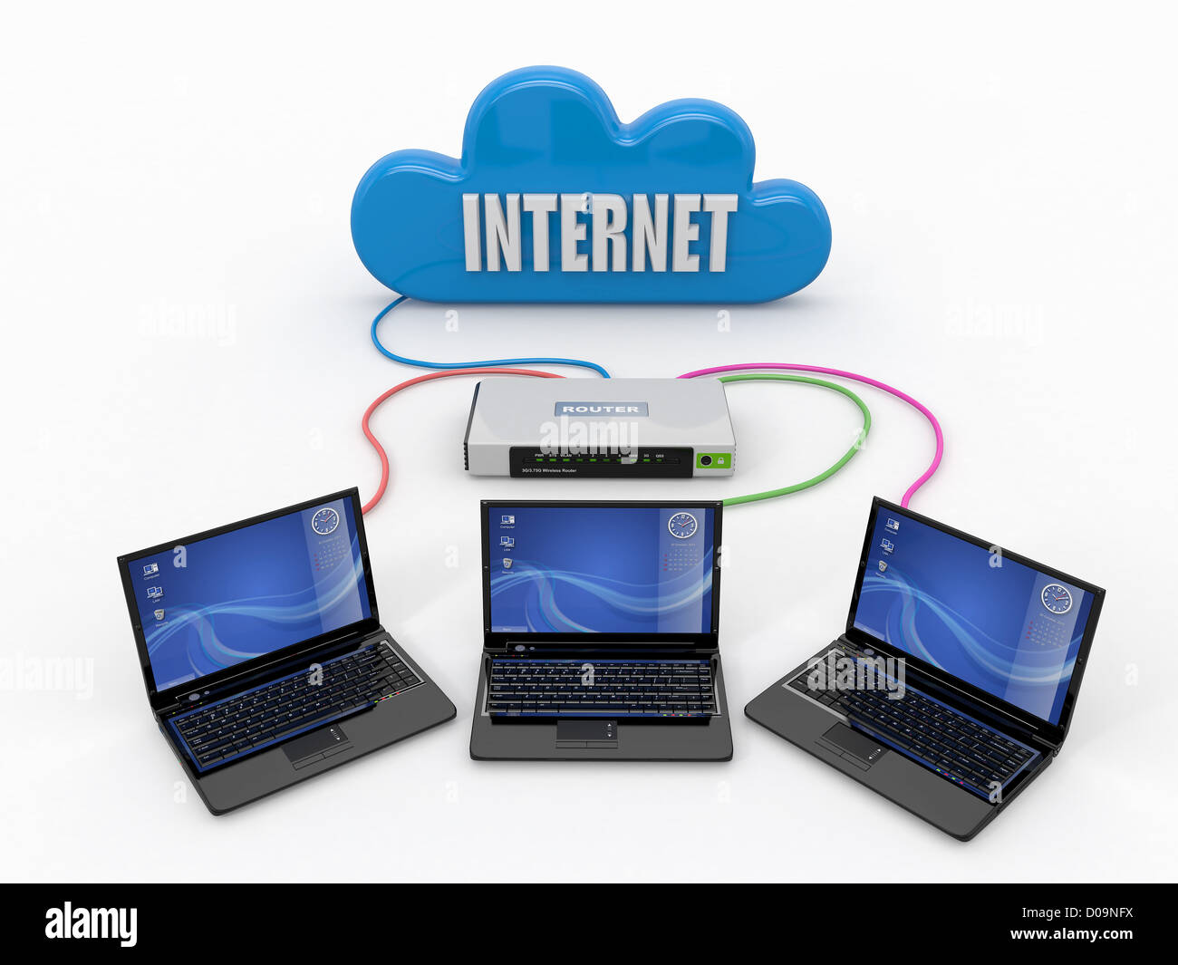 Home Network. Router and three laptops. 3d Stock Photo - Alamy
