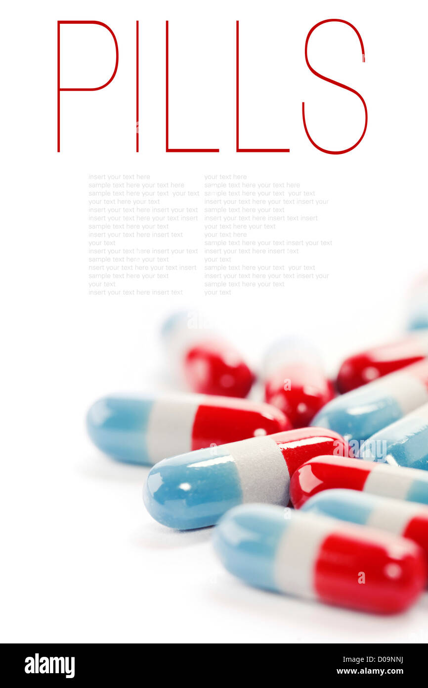 pills isolated on white background (with sample text Stock Photo - Alamy