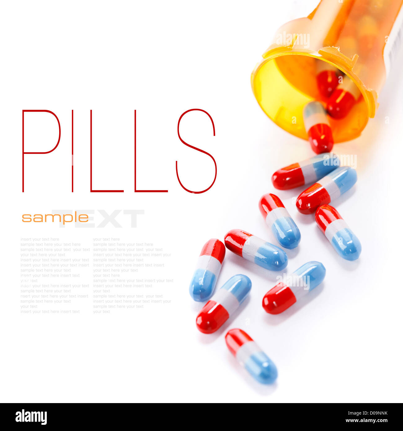 Pills spilling out of pill bottle isolated on white (with sample text ...