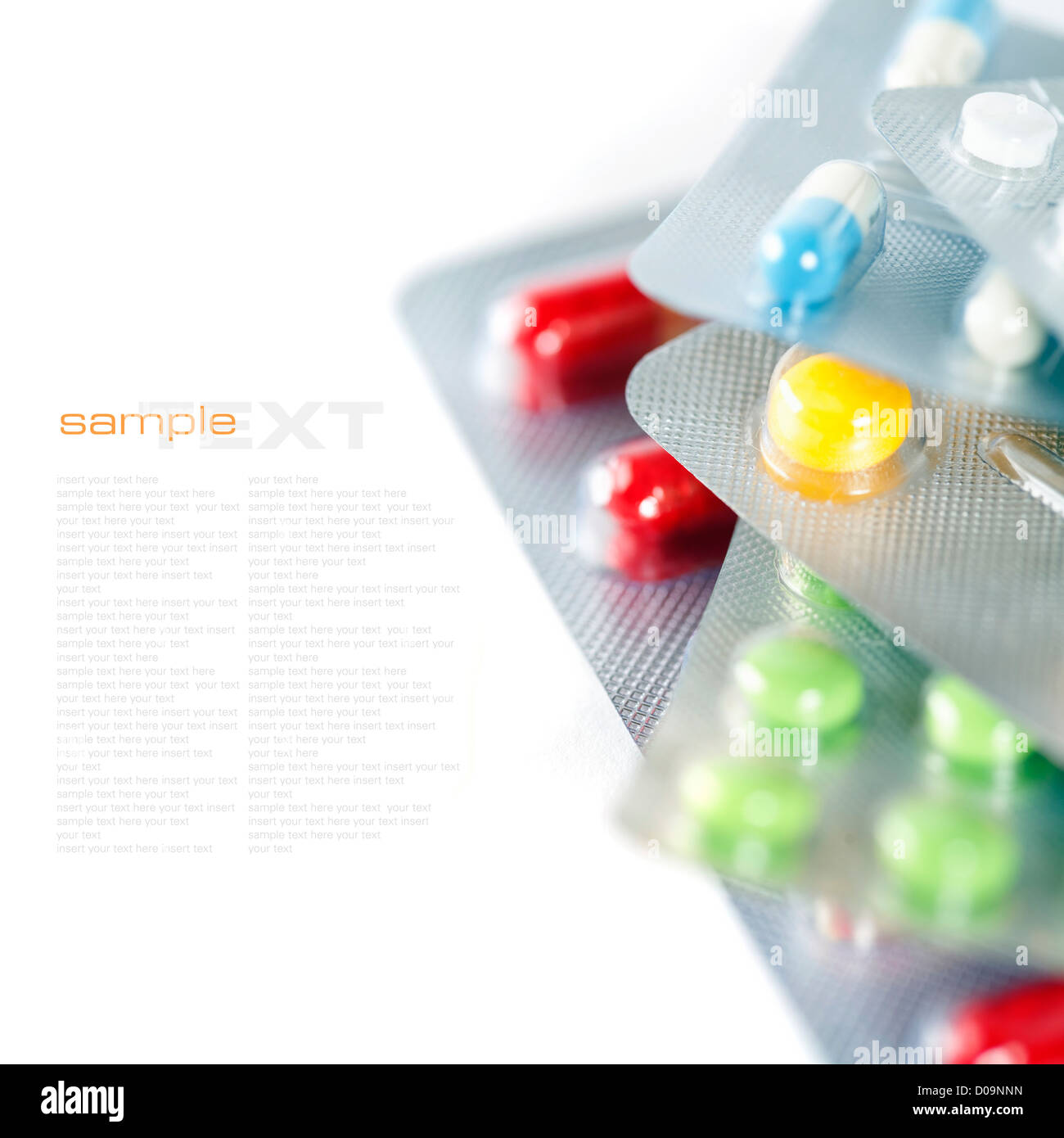 Heap of assorted pill packages (with sample text Stock Photo - Alamy