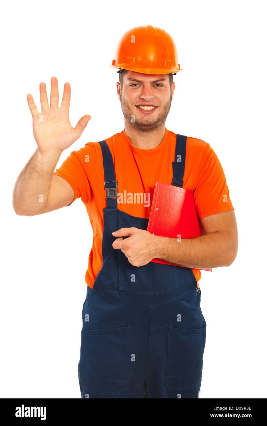 Happy worker with clipboard showing five fingers isolated on white ...