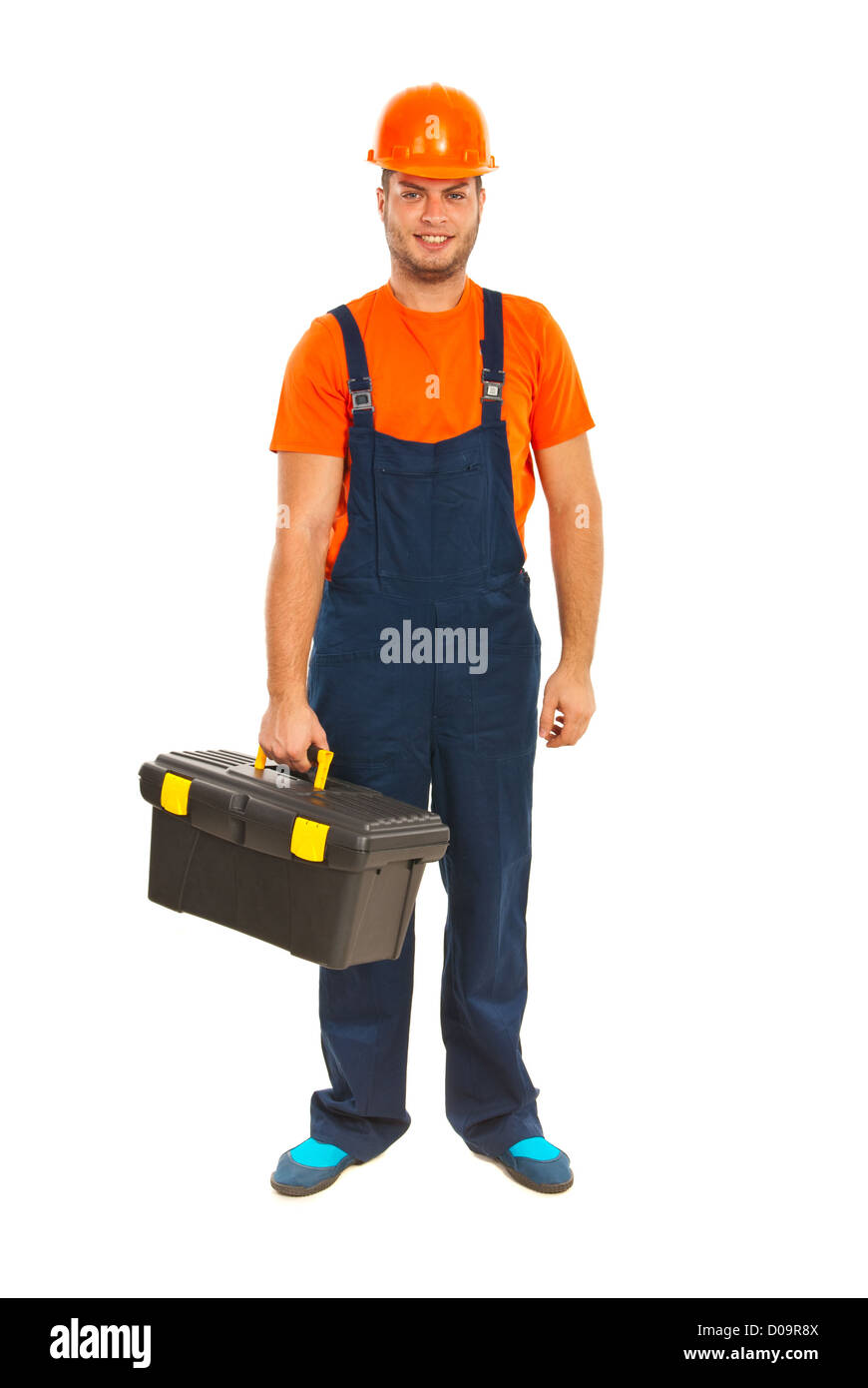 Full length of worker man holding tool box isolated on white background ...
