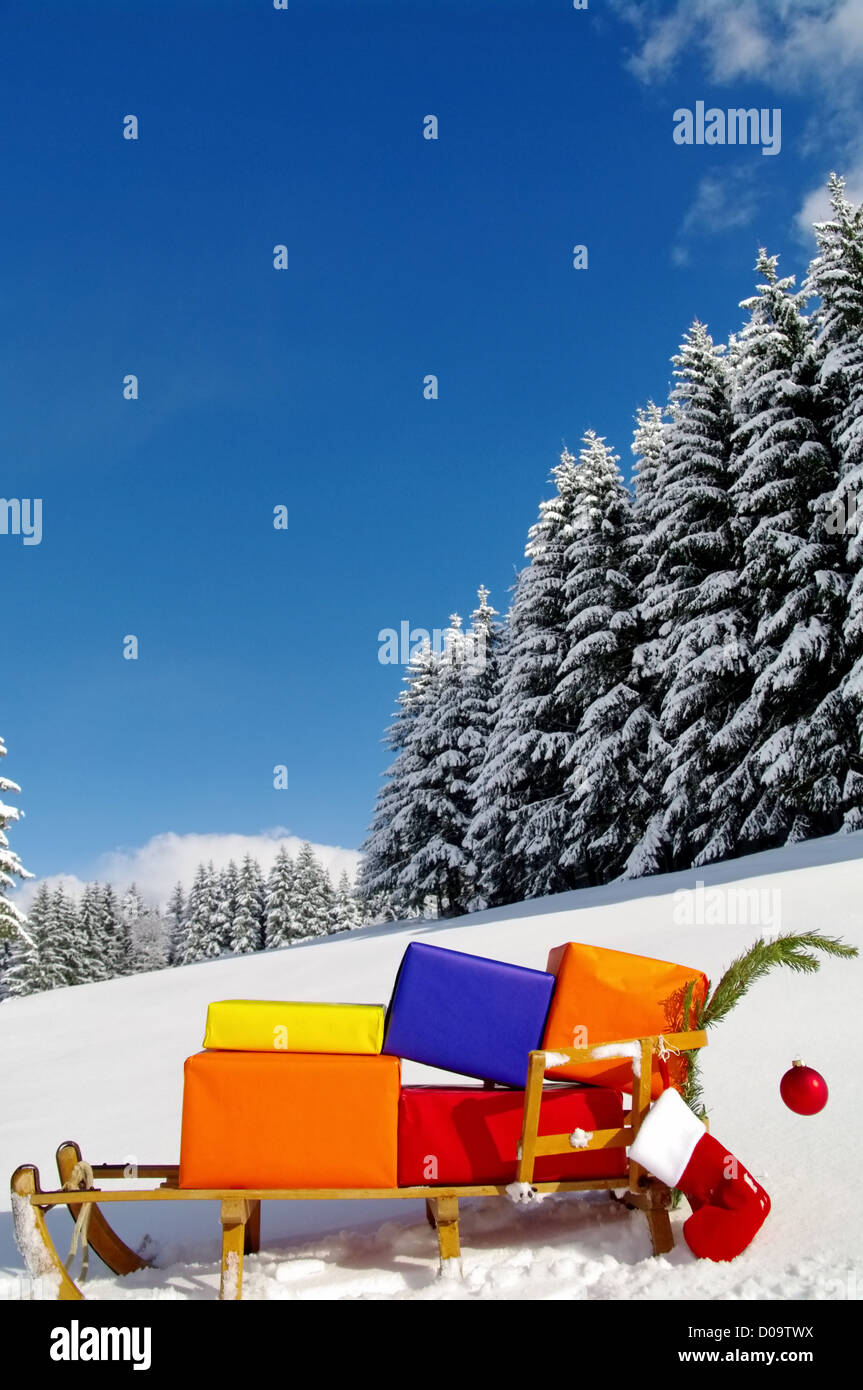 colorful presents on a Santa Claus sledge in a winter landscape Stock ...