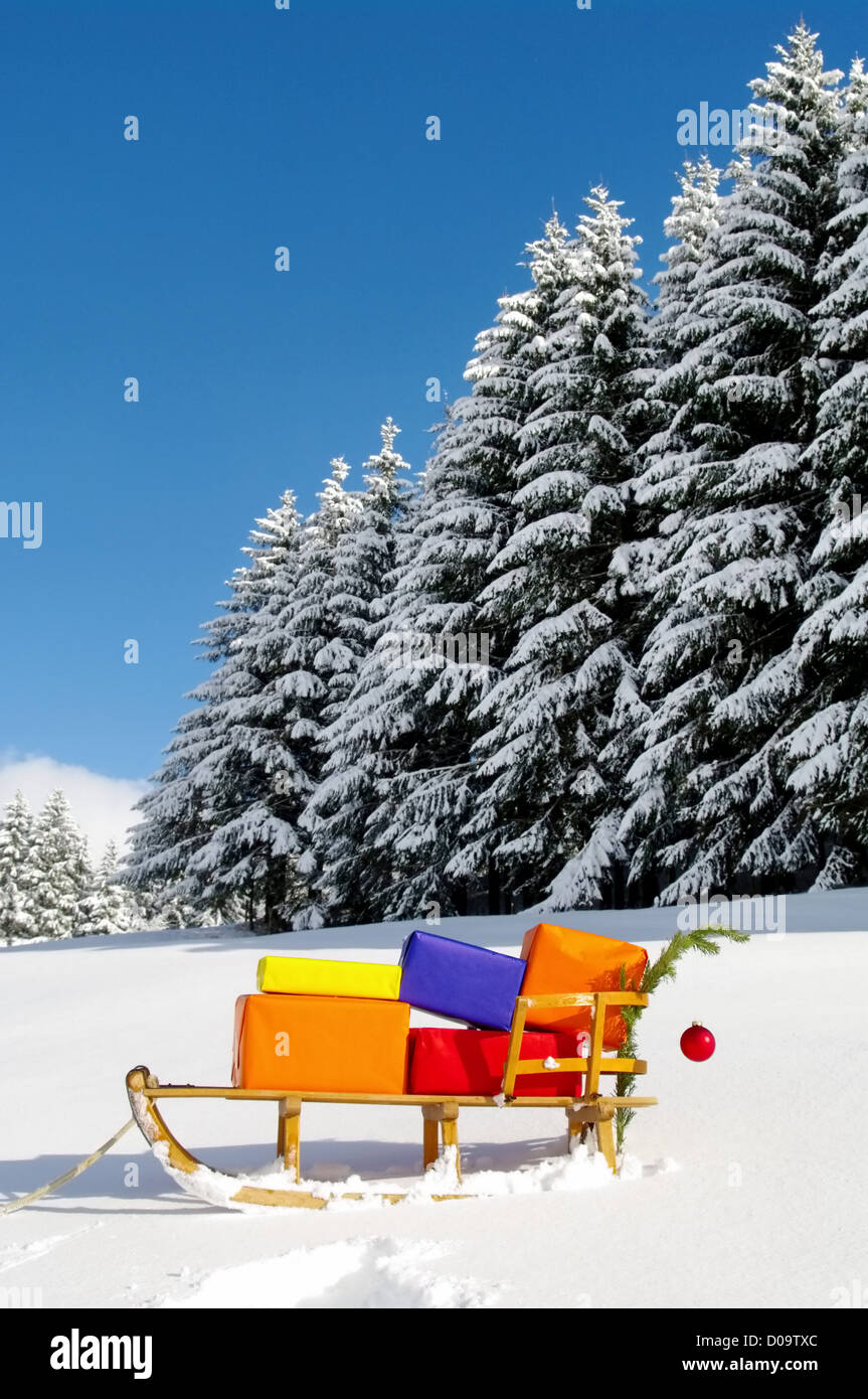 colorful presents on a Santa Claus sledge in a winter landscape Stock ...