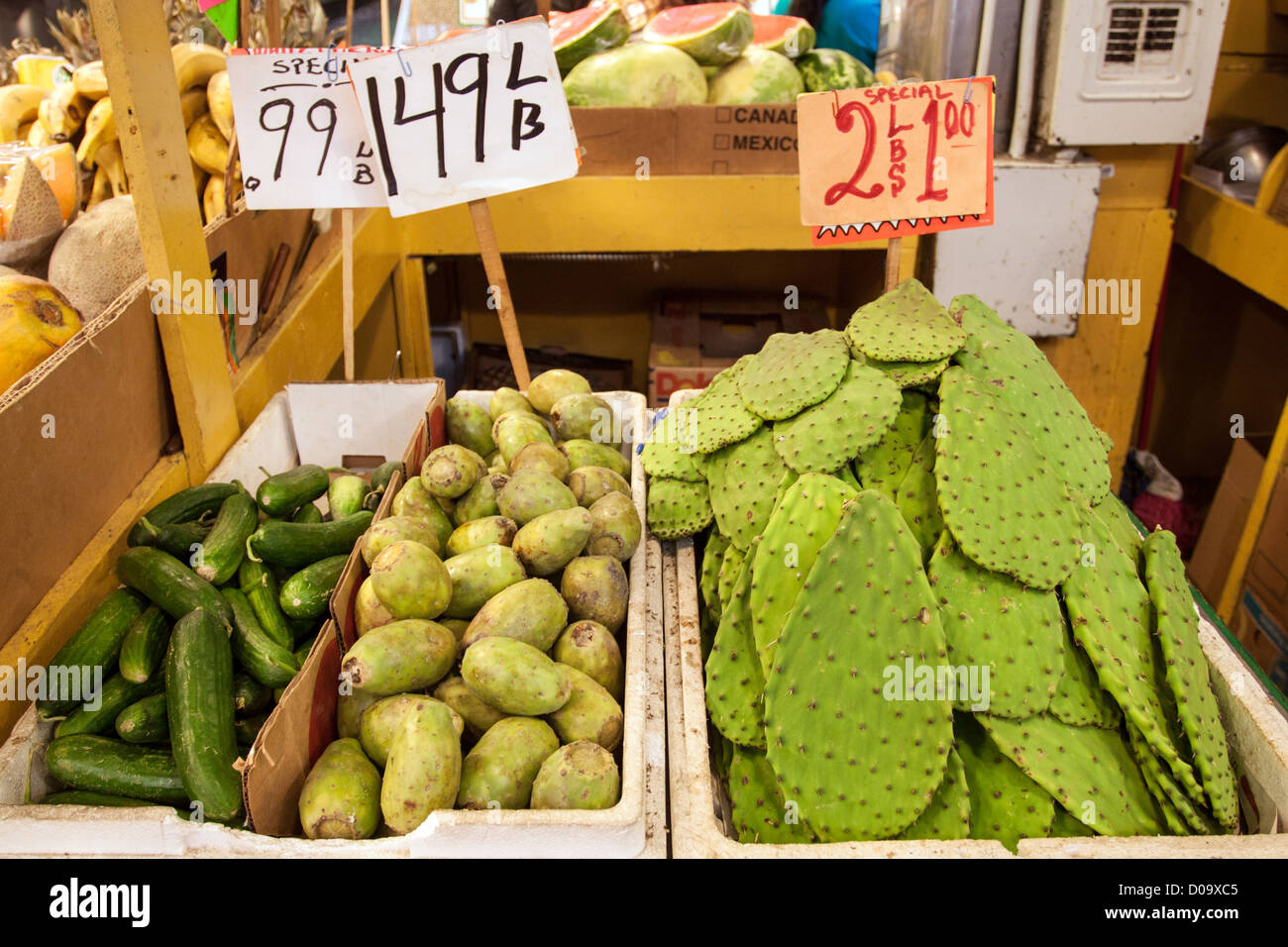 PIECES GREEN CACTUS FOR SALE ON VEGETABLE SELLER'S STALL IN GRAND ...