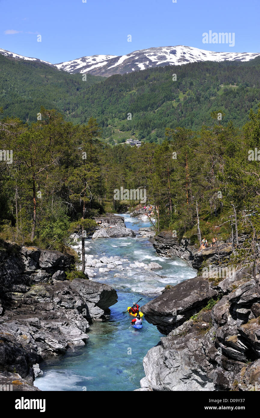 Two persons kayaking down a river in Voss, Hardanger,Norway Stock Photo ...