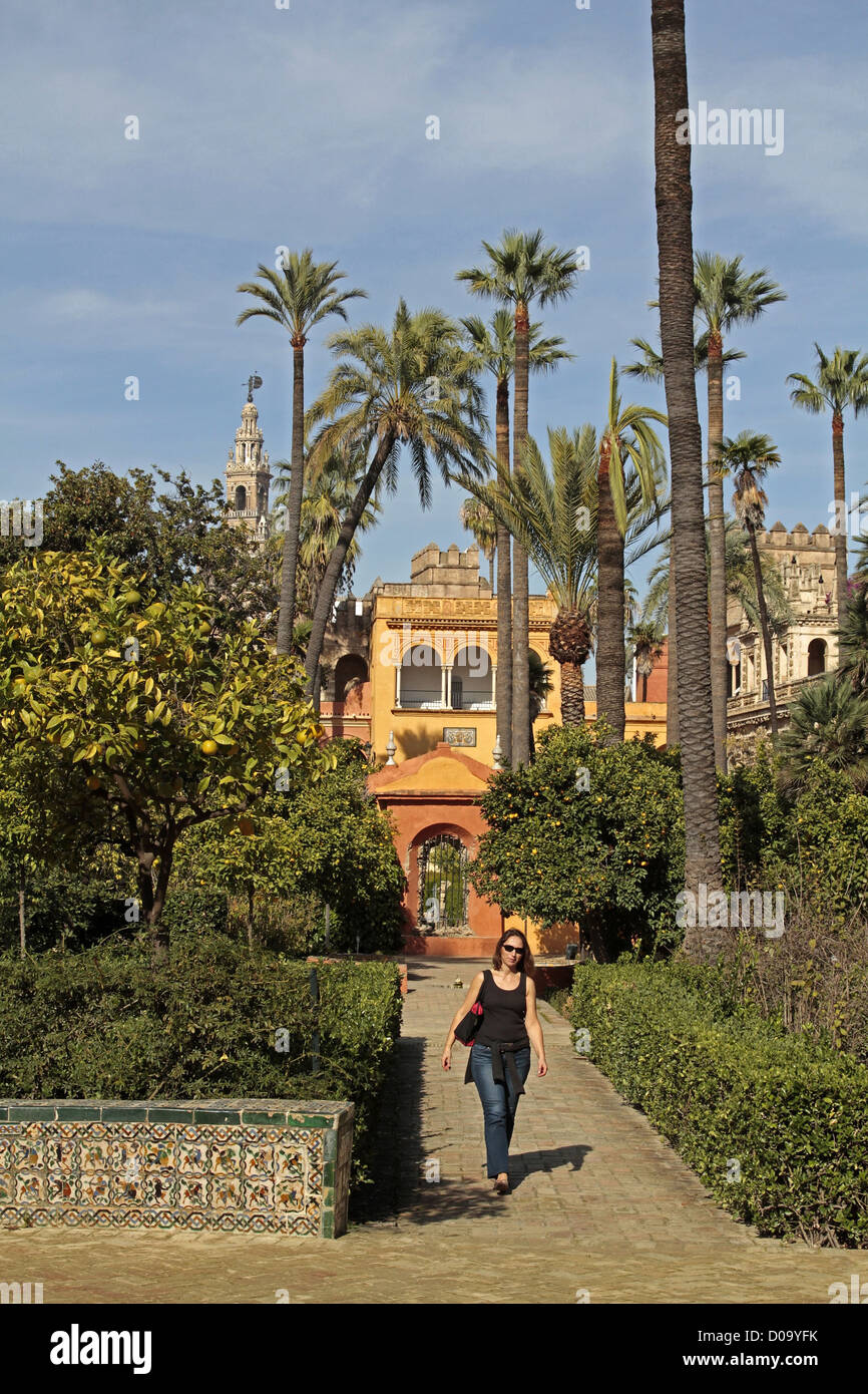 TOURIST IN THE GARDENS OF THE ALCAZAR GOTHIC PALACE PALACIO GOTICO ...