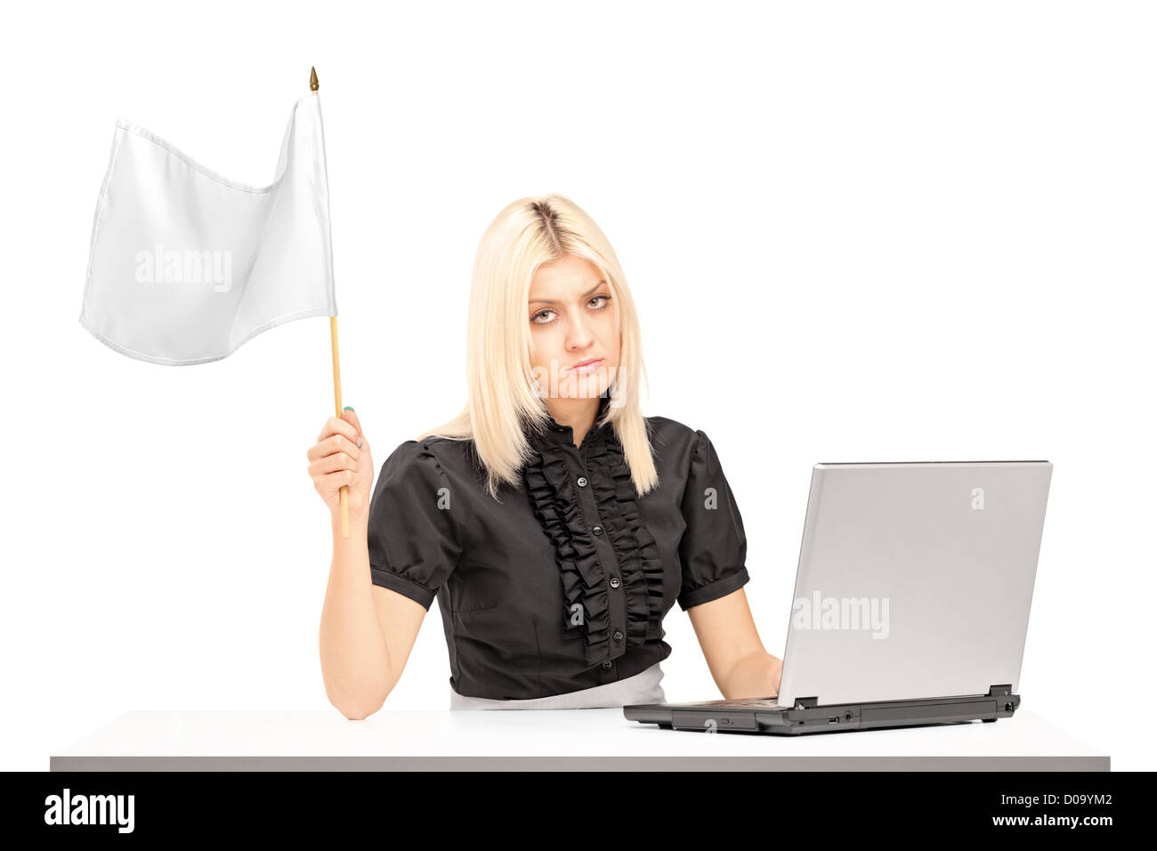 Sad female office worker waving a white flag gesturing defeat isolated ...