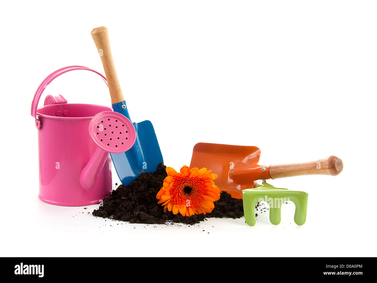 Colorful gardening tools over white background Stock Photo - Alamy