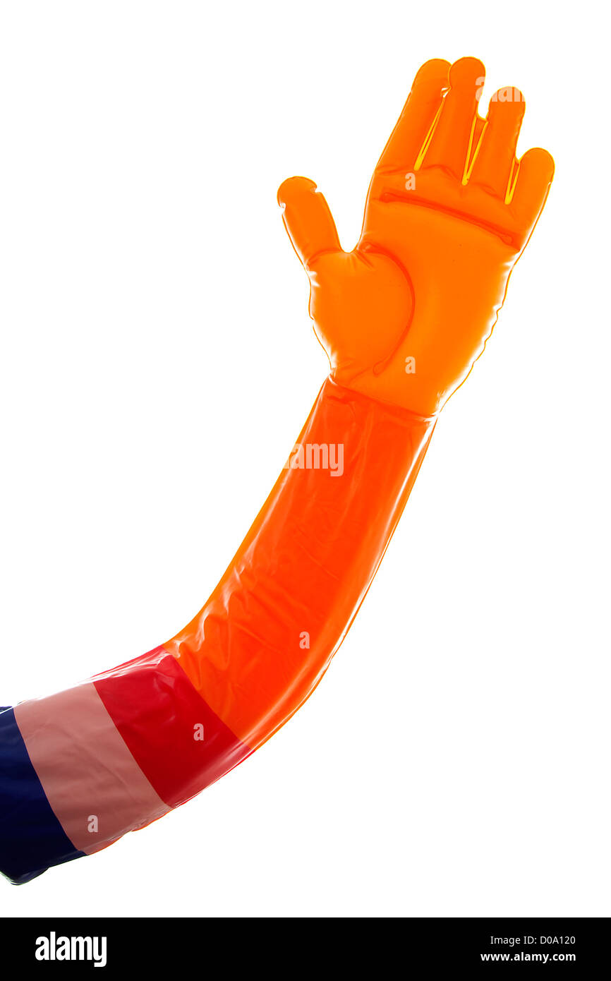 Orange big blown up hand for Dutch soccer game over white background ...