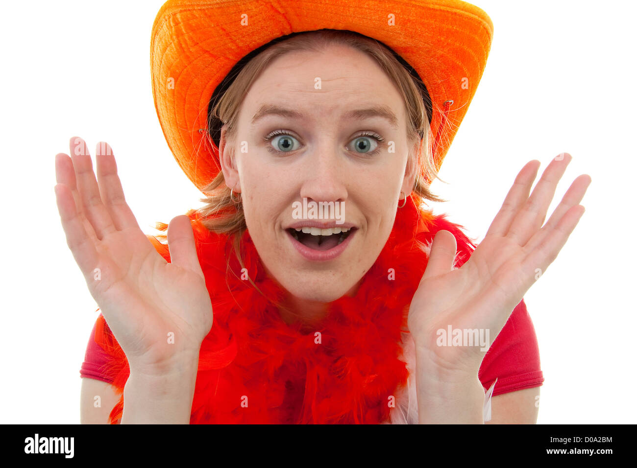 portrait of Dutch soccer fan in orange outfit who looks surprised over ...
