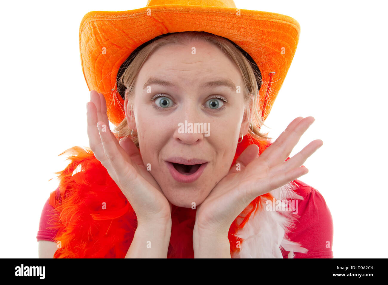portrait of Dutch soccer fan in orange outfit who looks surprised over ...