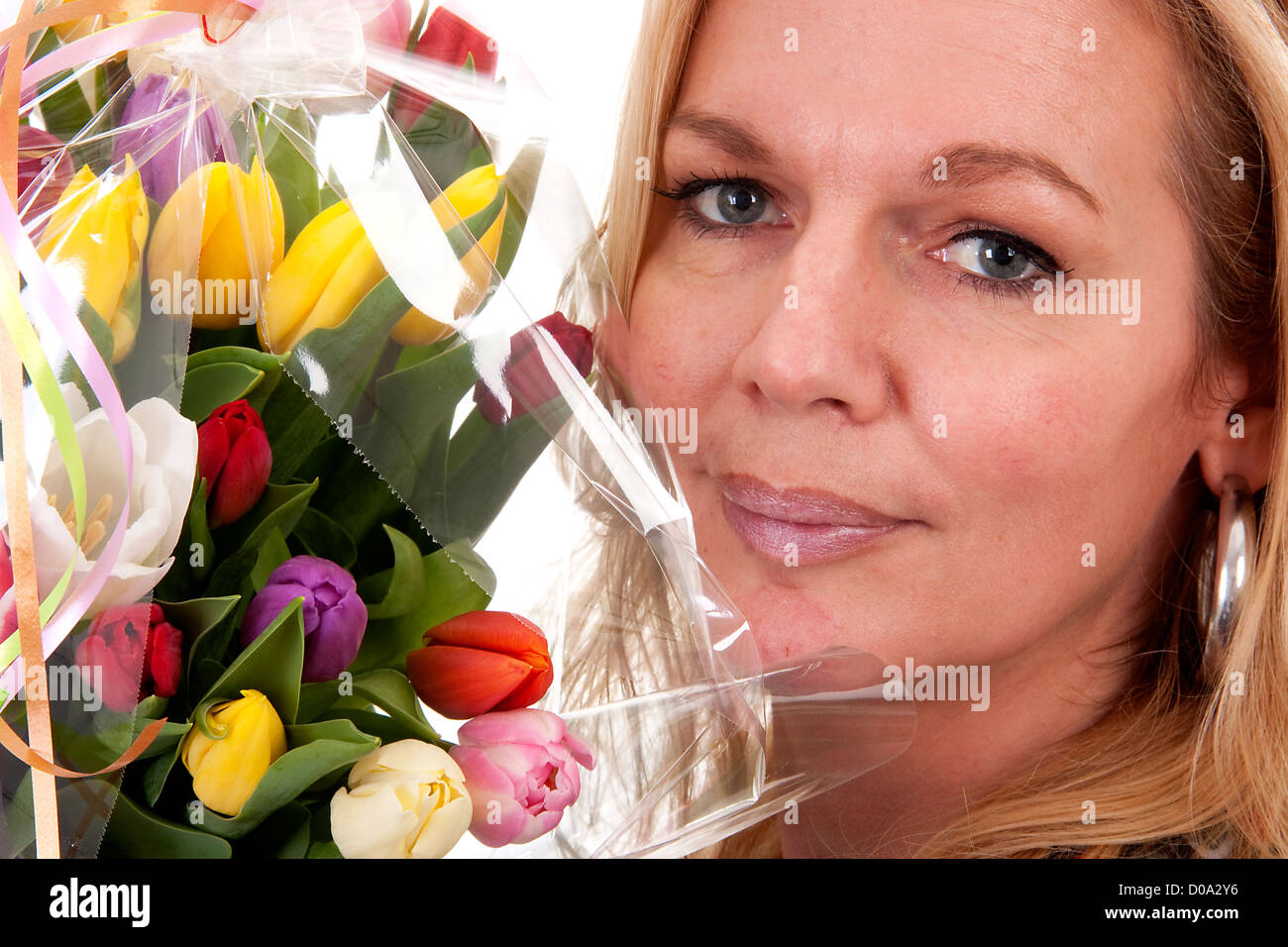 Woman with Dutch tulip flowers in closeup over white background Stock ...