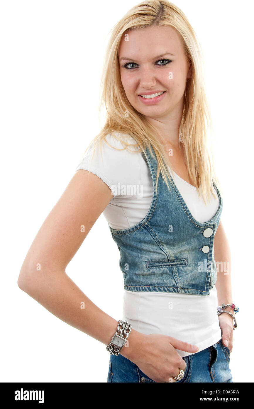 young blonde woman over white background Stock Photo - Alamy