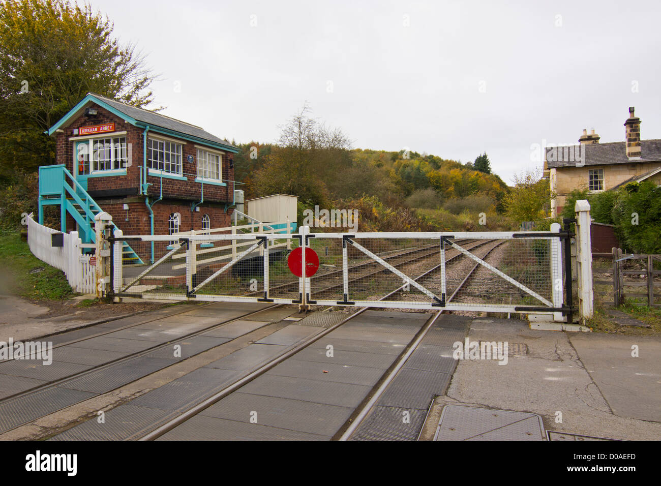 Level crossing with Signal box Kirkham Abbey, North Yorkshire Stock ...