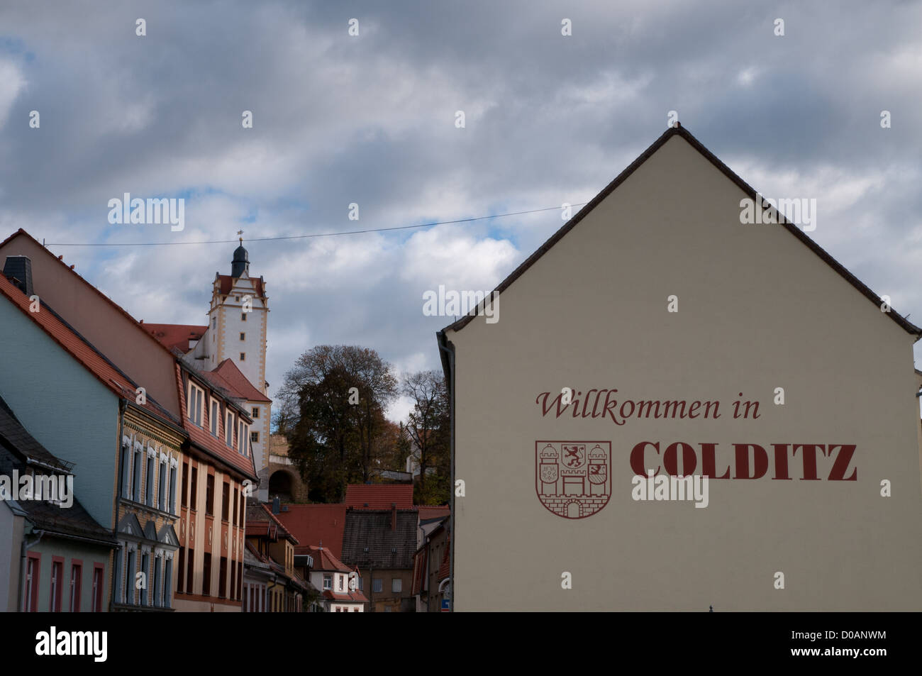 "Welcome to Colditz" on house facade, with castle, former Second World ...