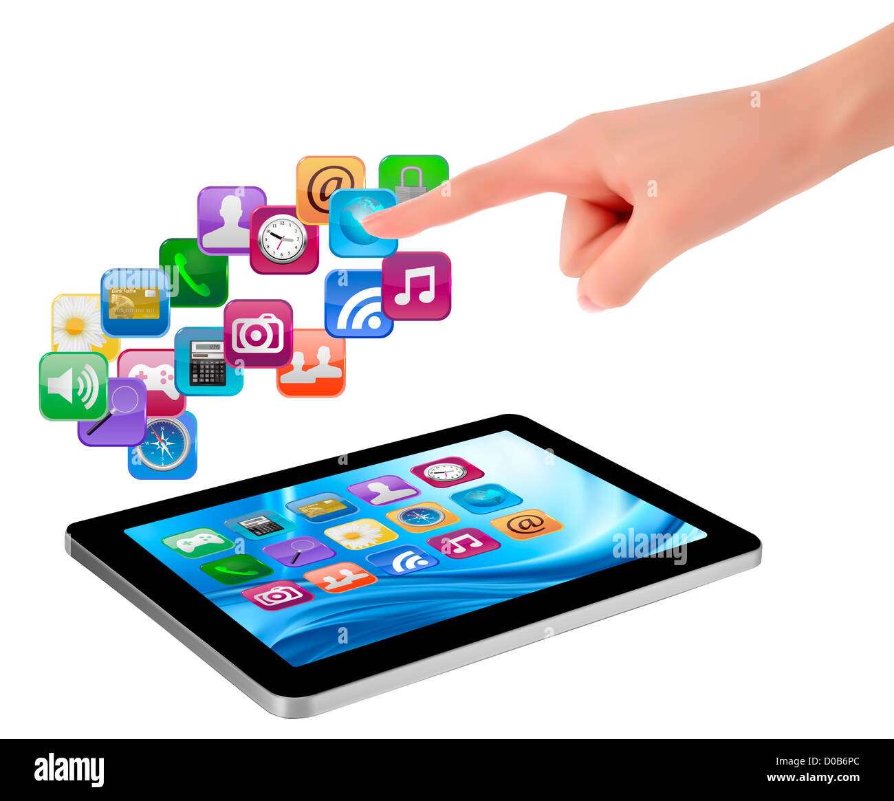 Hand holding touch pad pc and finger touching it's screen with icons ...