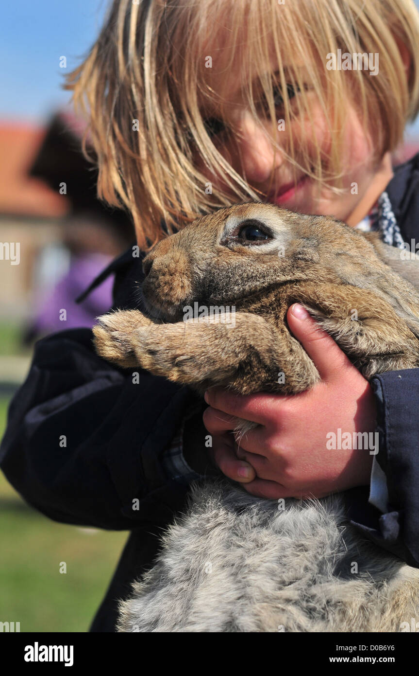 YOUNG GIRL PETTING RABBIT DURING VISIT ASINERIE DU MARQUENTERRE FARM ...
