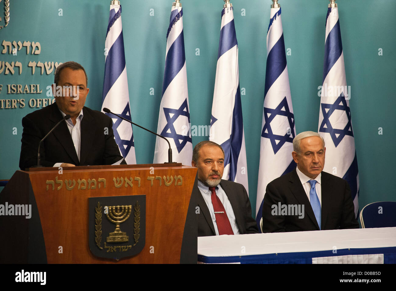 Minister of Defense Ehud Barak addresses the nation at a press ...