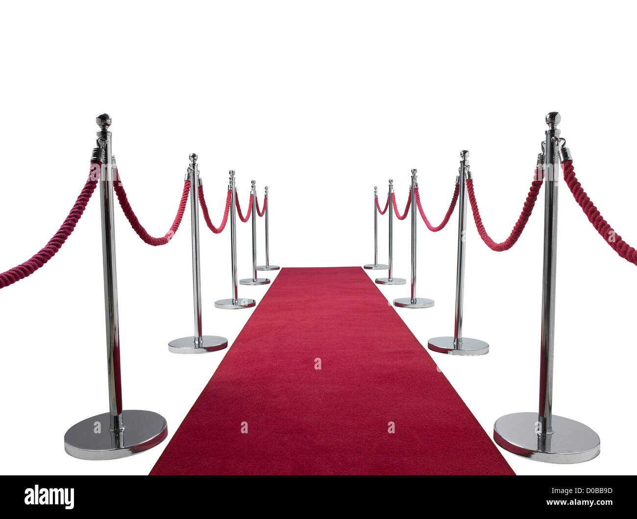 looking down Red carpet on a white background roped off with red ...